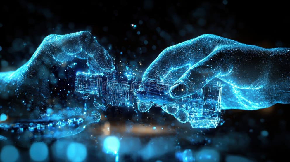 Two Glowing Hands Exchanging Digital Data through Futuristic Interface ...