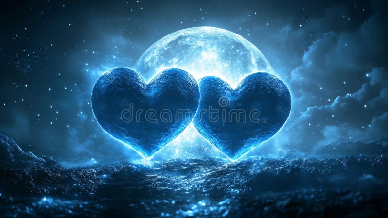 Two Glowing Blue Hearts Under a Full Moon at Night Stock Illustration ...