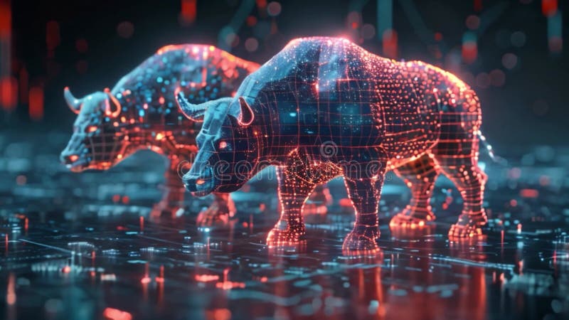Two Glowing Bull Figures Stand on a Digital Circuit Board Stock Footage ...