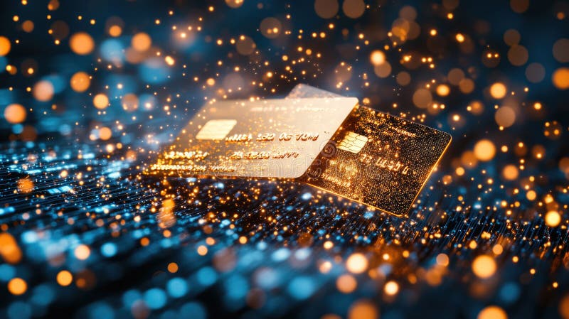 Two Glowing Credit Cards Floating Amidst Sparkling Lights and Digital ...