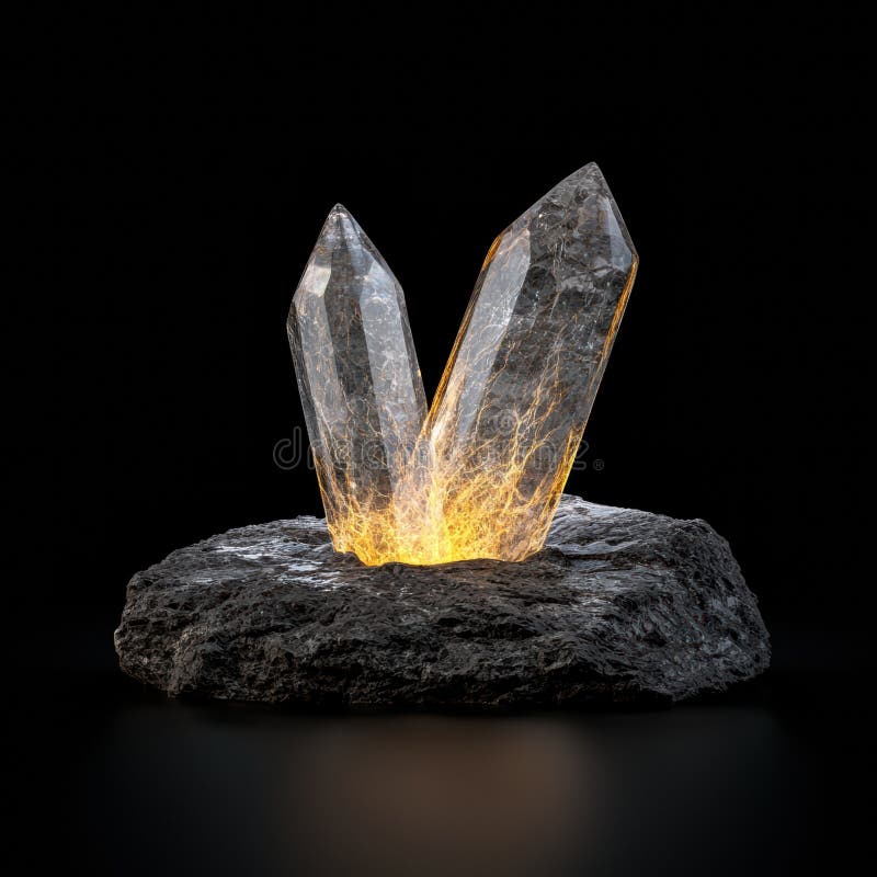 Two Glowing Crystals on a Dark Rock. Stock Illustration - Illustration ...