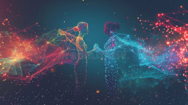 Abstract Neon Figures Holding Hands in Energy Streams Stock Image ...