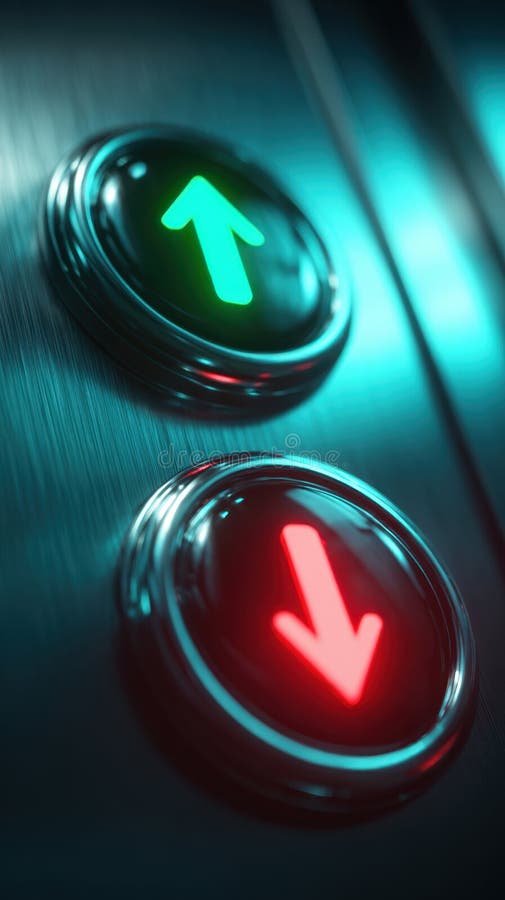 Two Glowing Elevator Buttons with Arrows Pointing Up and Down ...