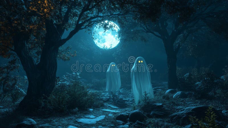 Two Glowing-Eyed Ghosts in a Dark Forest Under a Full Moon Stock ...