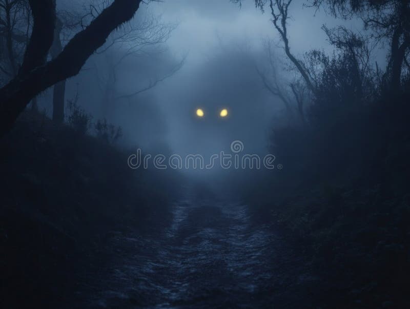 Two Glowing Eyes in a Foggy Forest Path Stock Illustration ...