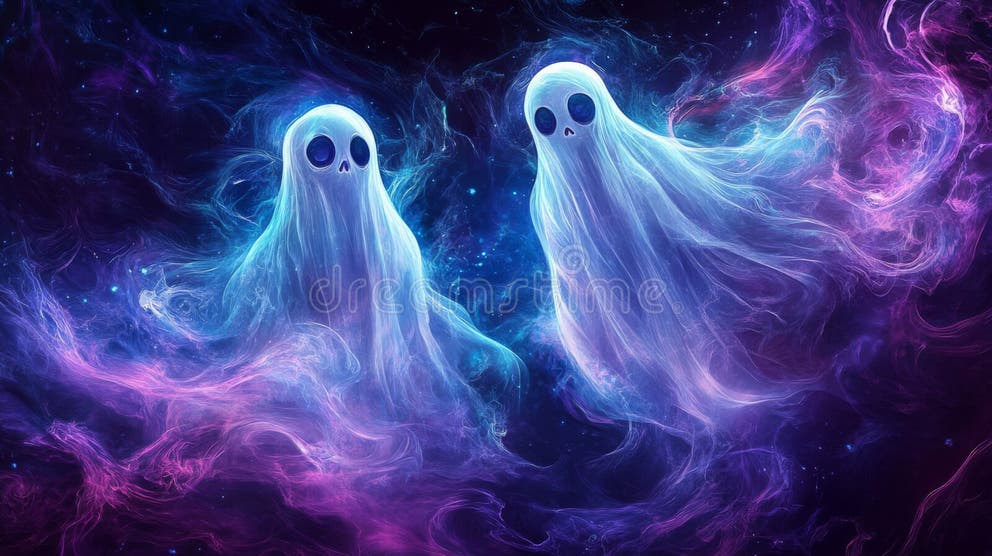 Two Glowing Ghosts in a Cosmic Nebula Stock Illustration - Illustration ...