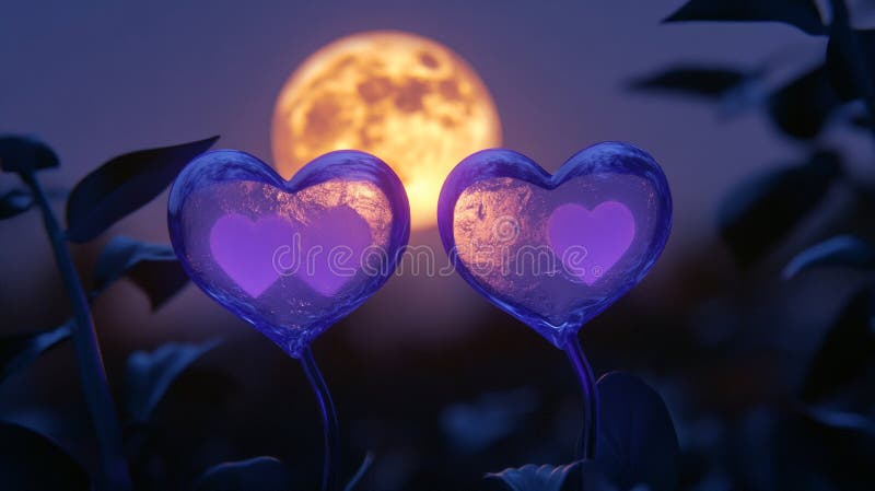 Two Glowing Glass Hearts Under a Full Moon at Night Stock Illustration ...