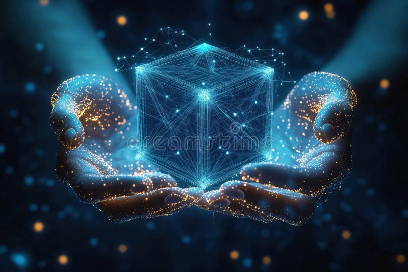Two Glowing Hands Hold Digital Cube. Connecting Lines Form Network ...