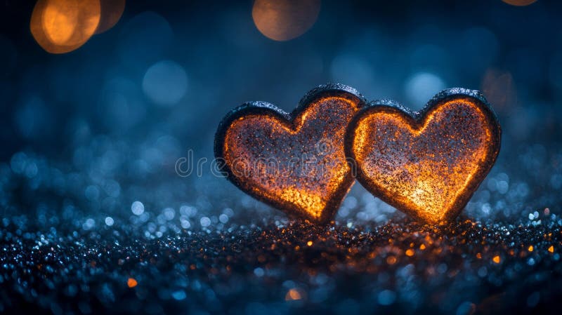 Two Glowing Hearts on Sparkling Surface Stock Illustration ...