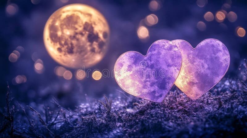 Two Glowing Hearts Under a Full Moon at Night Stock Illustration ...