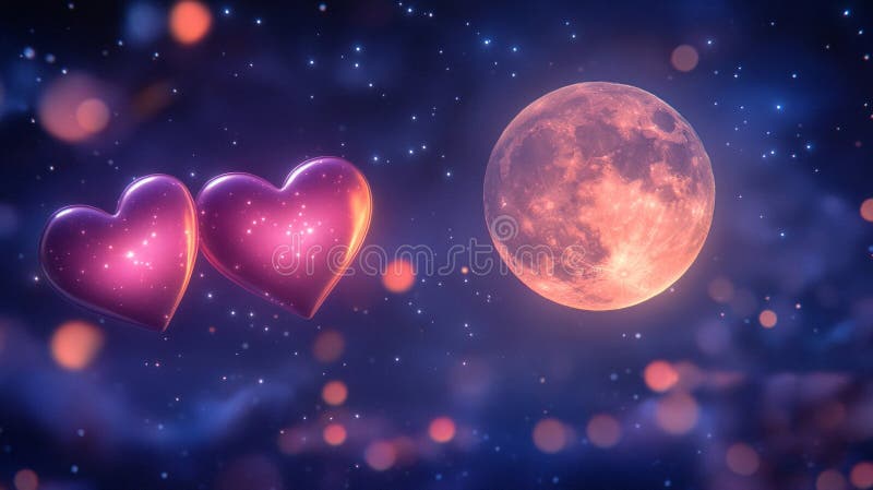 Two Glowing Hearts Under a Full Moon in a Starry Night Sky Stock ...