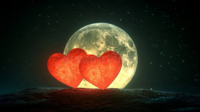 Two Glowing Hearts Underneath a Full Moon at Night Stock Illustration ...
