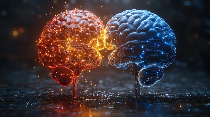 Two Glowing Human Brains, One Red and One Blue, Facing Each Other Stock ...