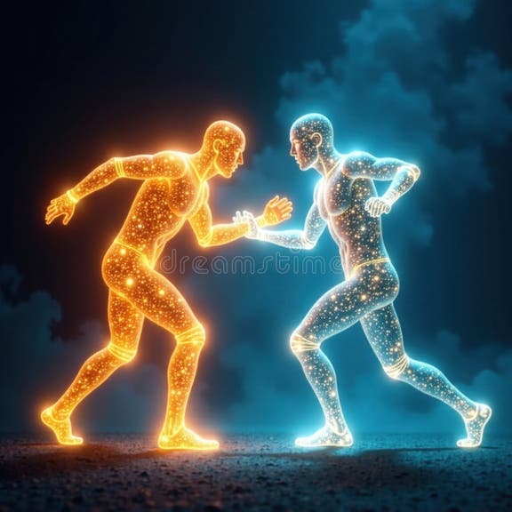 Two Glowing Humanoid Forms Locked in Intense Confrontation , Art ...