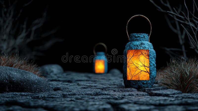 Two Glowing Lanterns Illuminating a Dark Pathway Surrounded by Stones ...