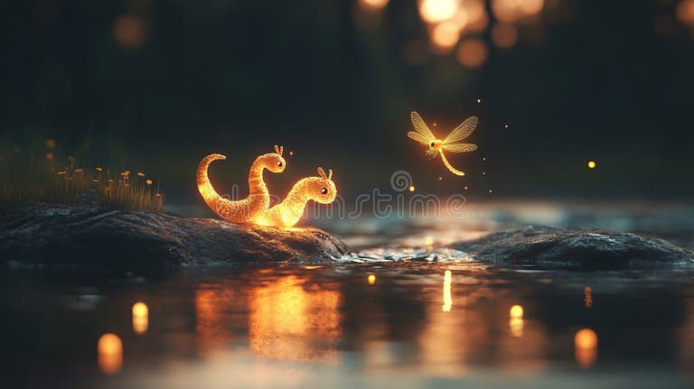 Two Glowing, Mythical Creatures by a Stream, a Dragonfly Flies Above ...