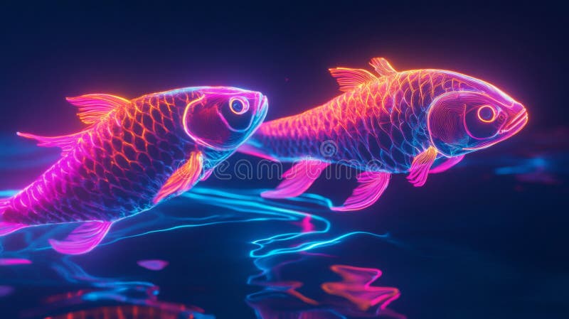 Two Glowing Neon Fish Swimming in Dark Water Stock Illustration ...