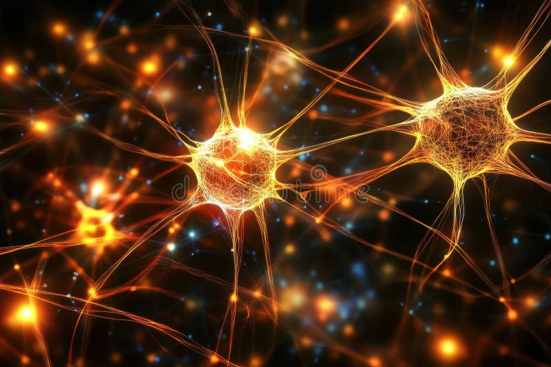 Two Glowing Neurons are Shown in a Black Background Stock Photo - Image ...
