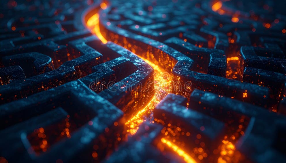 Two Glowing Paths of Light are Moving through a Complex Dark Maze they ...