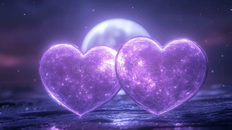 Two Glowing Purple Hearts Under a Full Moon at Night Stock Illustration ...