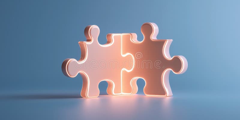 Two Glowing Puzzle Pieces Merging Together on Blue Background ...