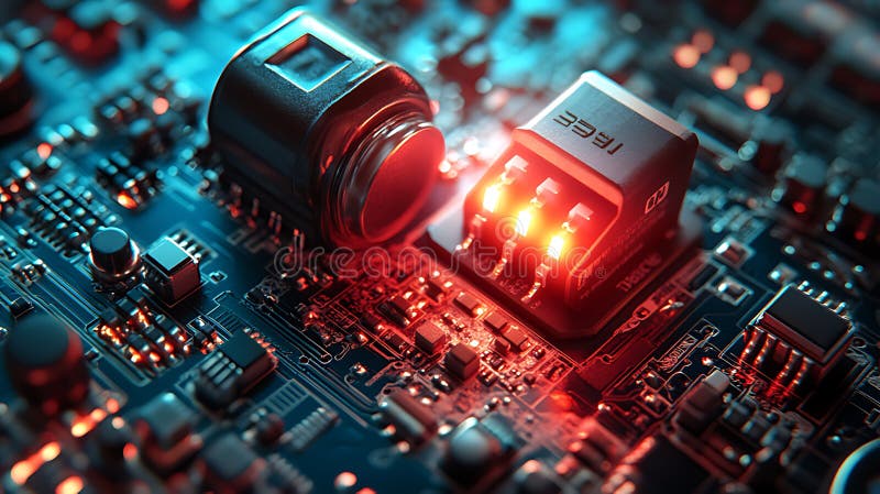 Two Glowing Red Buttons on a Circuit Board, One with Numbers "1984" on ...