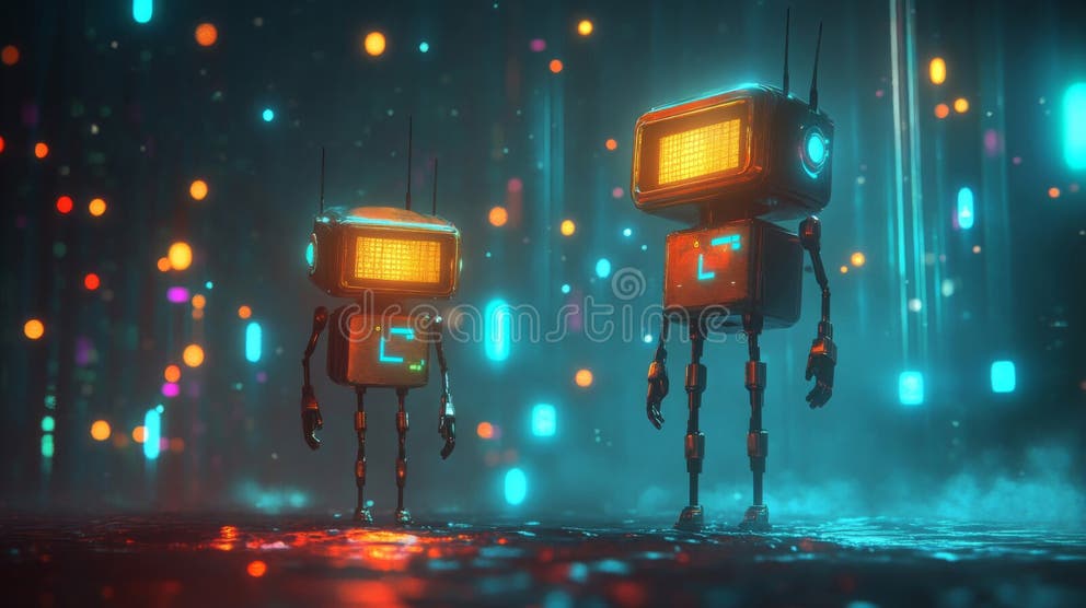 Two Glowing Robots in a Futuristic Nightscape Stock Illustration ...