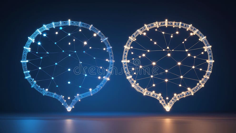Two Glowing Speech Bubbles Connected by Lines and Dots on a Dark Blue ...
