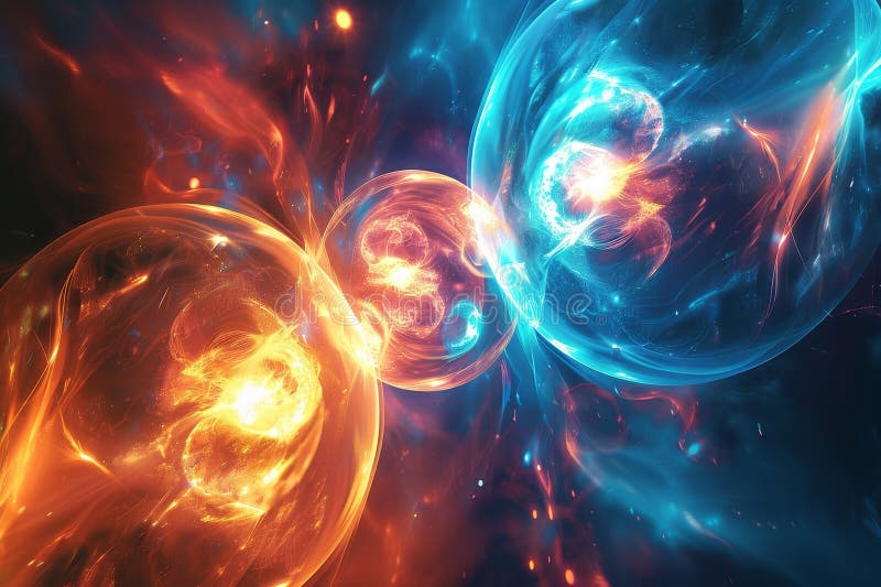 Two Glowing Spheres of Energy, One Blue and One Orange, are Merging ...