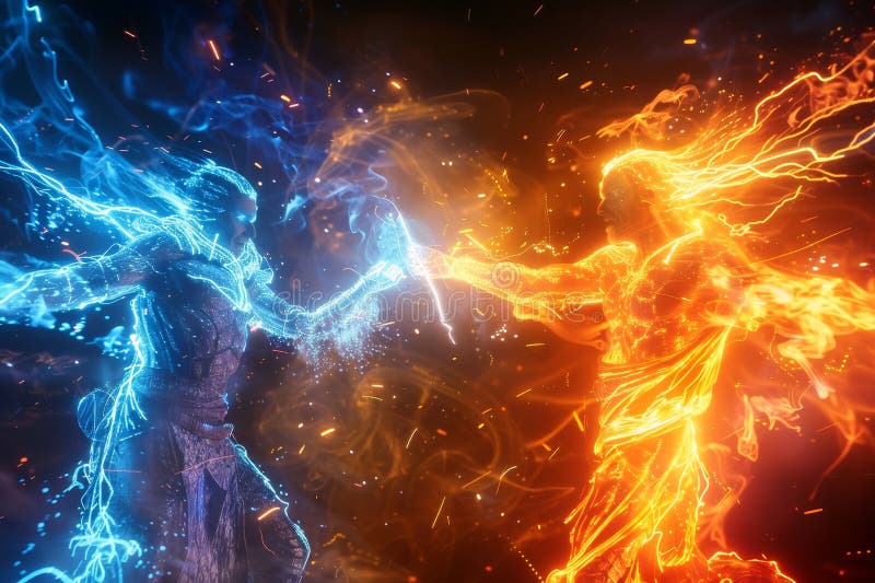 Two Glowing Spirit Forms Clash in Mid Air Projecting Bolts of Energy ...