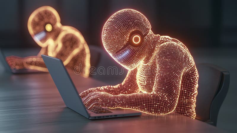 Glowing Humanoid Figures Working on Laptops in Dark Setting Stock ...
