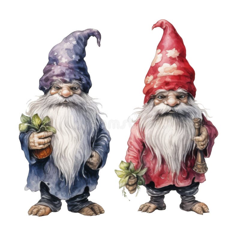 Two Watercolor Gnomes with White Beards and Magical Hats Stock Image ...