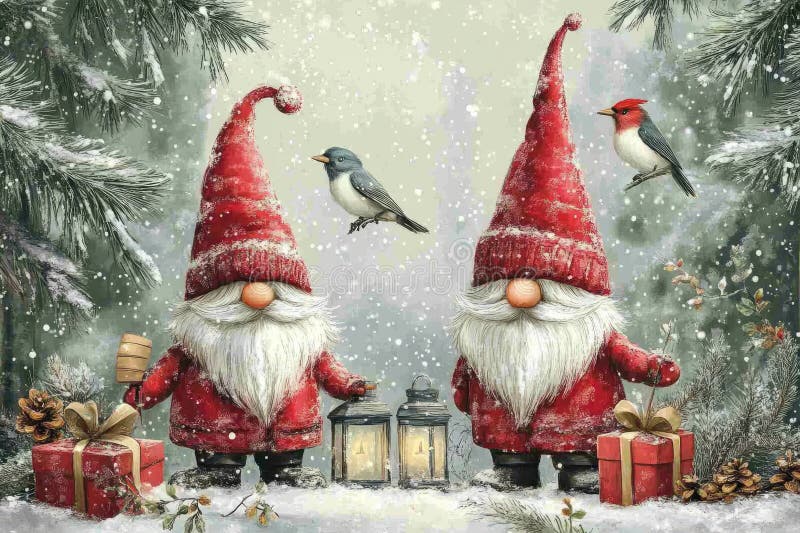 Two Gnomes in the Snow with Lanterns Stock Illustration - Illustration ...