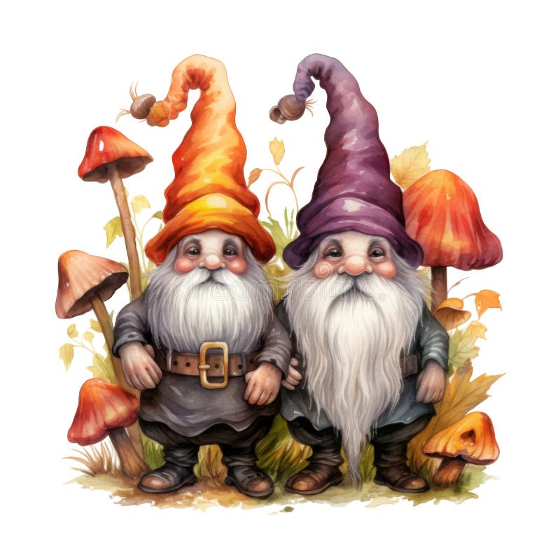 Two Gnomes with White Beards Standing in a Mushroom Forest Stock Image ...