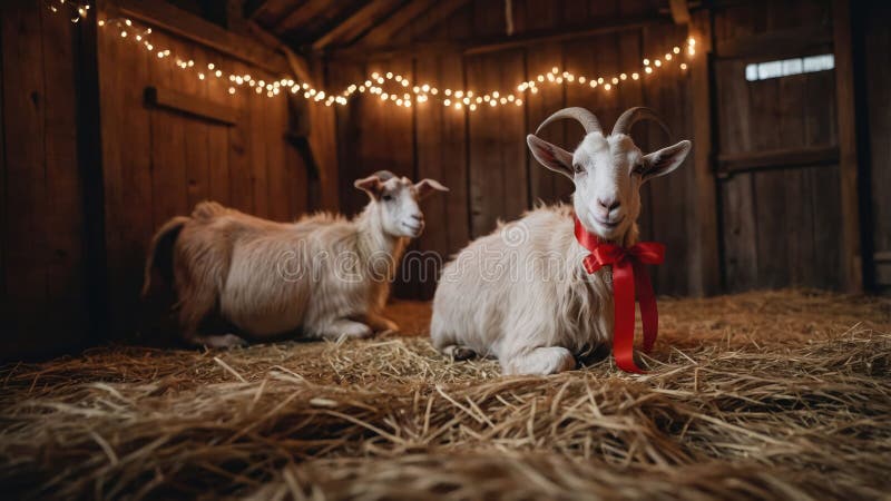 Adorable Goats in Rustic Barn with Christmas Lights Stock Illustration ...