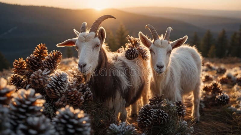 Golden Hour Goats Amongst Pine Cones on Mountaintop Stock Illustration ...