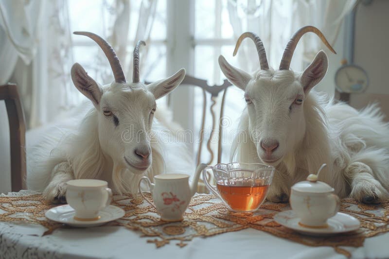 Two Goats Sit at a Table Enjoying Cups of Tea Stock Image - Image of ...
