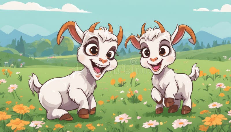 Two Goats Sitting in a Field with Flowers Stock Illustration ...