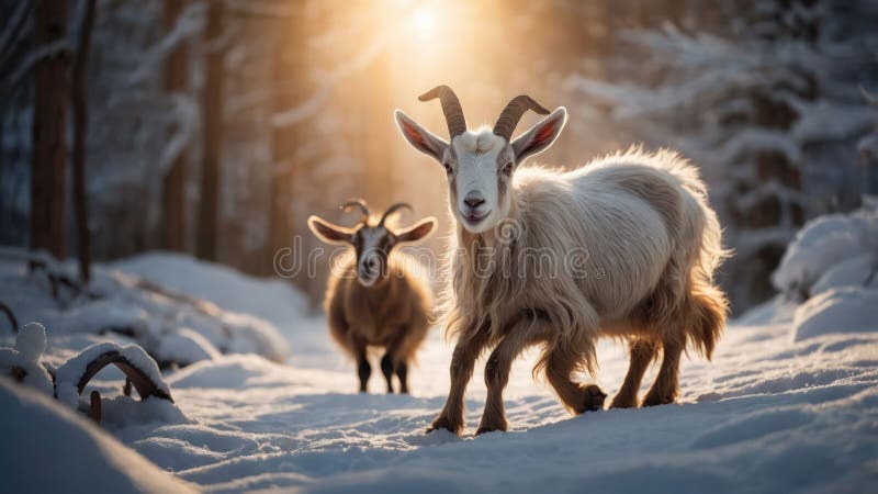 Majestic Goat in Snowy Winter Landscape at Sunset Stock Illustration ...