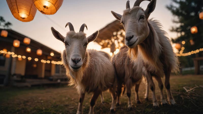 Two Friendly Goats at Sunset Farm Stock Illustration - Illustration of ...