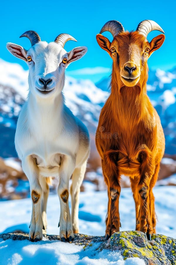 Two Goats Standing on Top of a Snow Covered Mountain Stock Photo ...