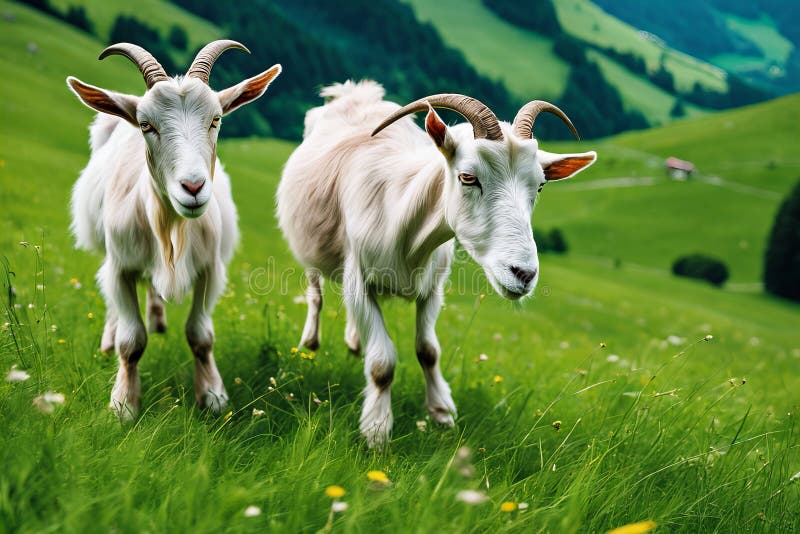 Two Goats are Walking in a Green Field Stock Photo - Image of landscape ...