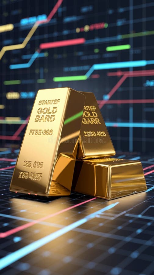 Two Gold Bars Displayed Against Digital Abstract Backdrop, Inscriptions ...