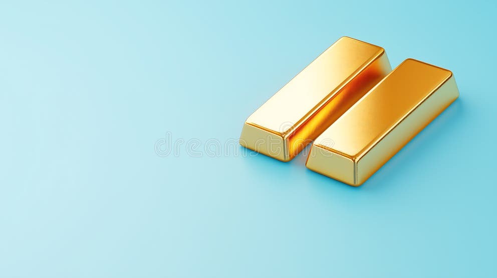 Two Gold Bars on Light Blue Background with Empty Space Stock ...