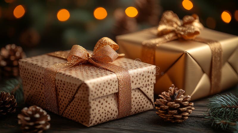 Two Gold Boxes with Bows on Them Sit on a Table with Pine Cones Stock ...