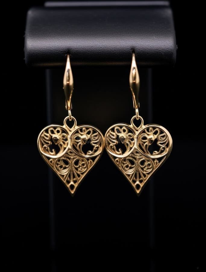 Two Gold Earrings with Intricate Hearts Design Surrounded by Lights ...