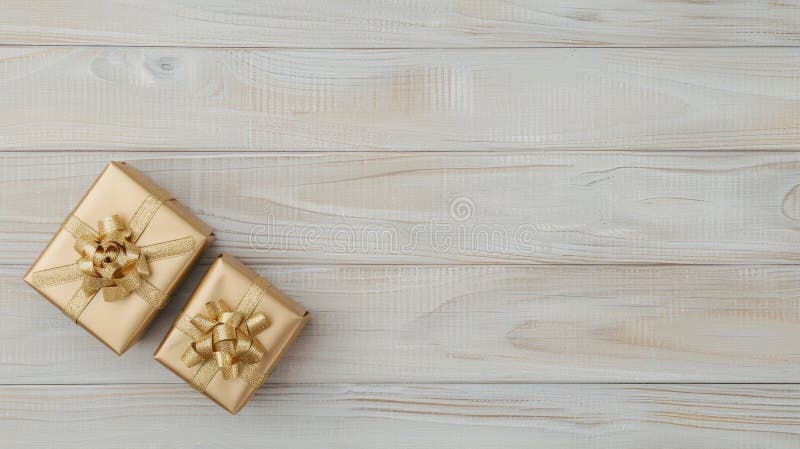 Two Gold Gift Boxes with Gold Bows Sit on a Light Wood Surface Stock ...