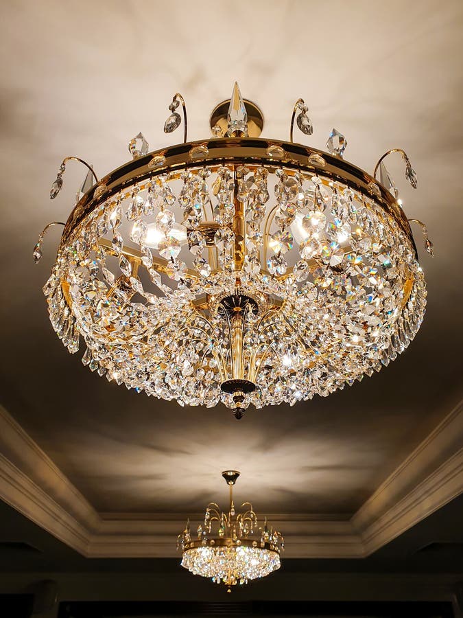 Two Gold Luxury Classical Chandeliers or Lusters with Crystal Pendants ...