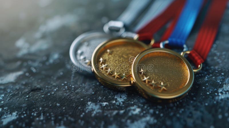 Two Gold Medals Displayed on a Table, Suitable for Sports or ...