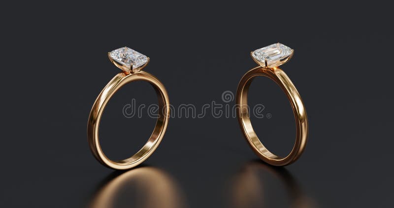 Two Gold Ring with Square Diamonds on Black Background . Stock ...